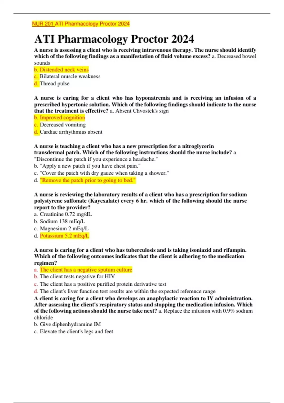 NUR 201 ATI Pharmacology Proctor 2024 - NUR 201 ATI Pharmacology - Stuvia US