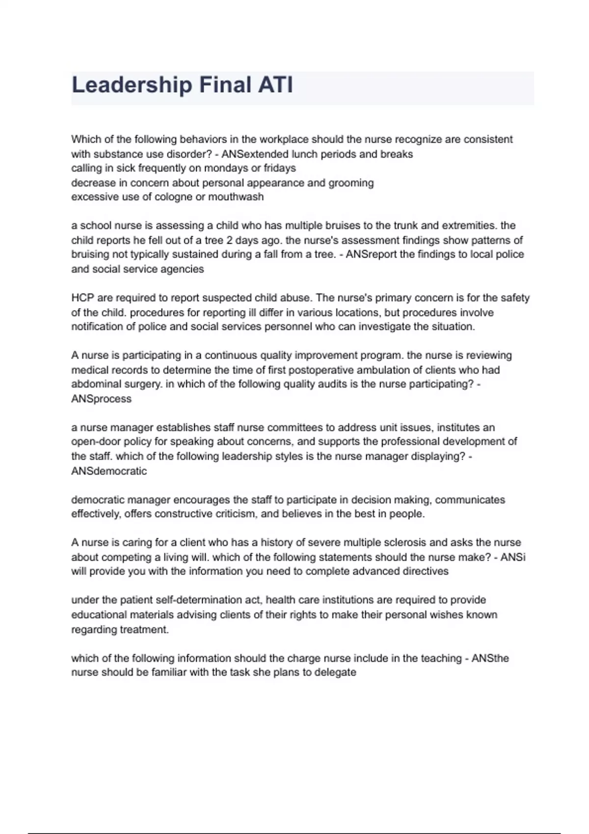 Leadership Final ATI 2024/2025 already graded A+ - ATI RN LEADERSHIP ...