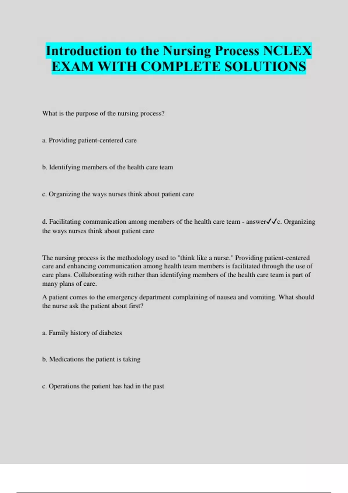 Introduction to the Nursing Process NCLEX EXAM WITH COMPLETE SOLUTIONS ...