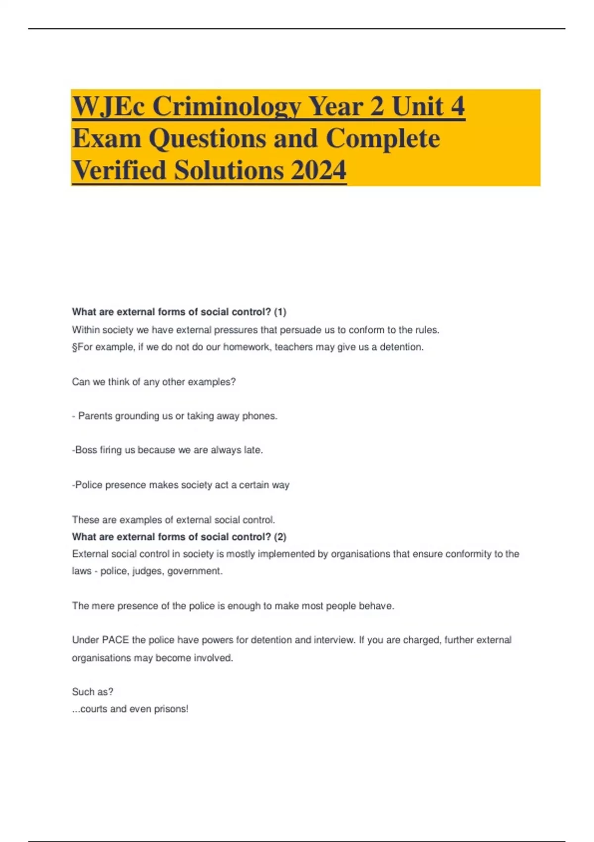 WJEc Criminology Year 2 Unit 4 Exam Questions and Complete Verified ...