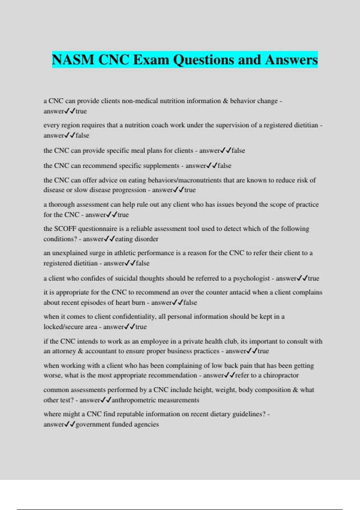 Package deal for NASM CNC Exam Questions with 100% Correct Answers ...