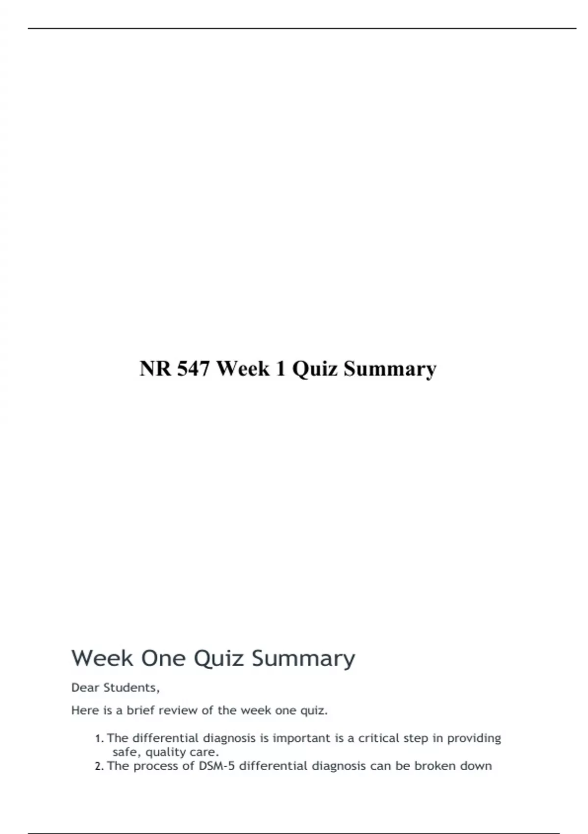 NR 547 Week 1-Week 7 Quiz Summary - Stuvia US