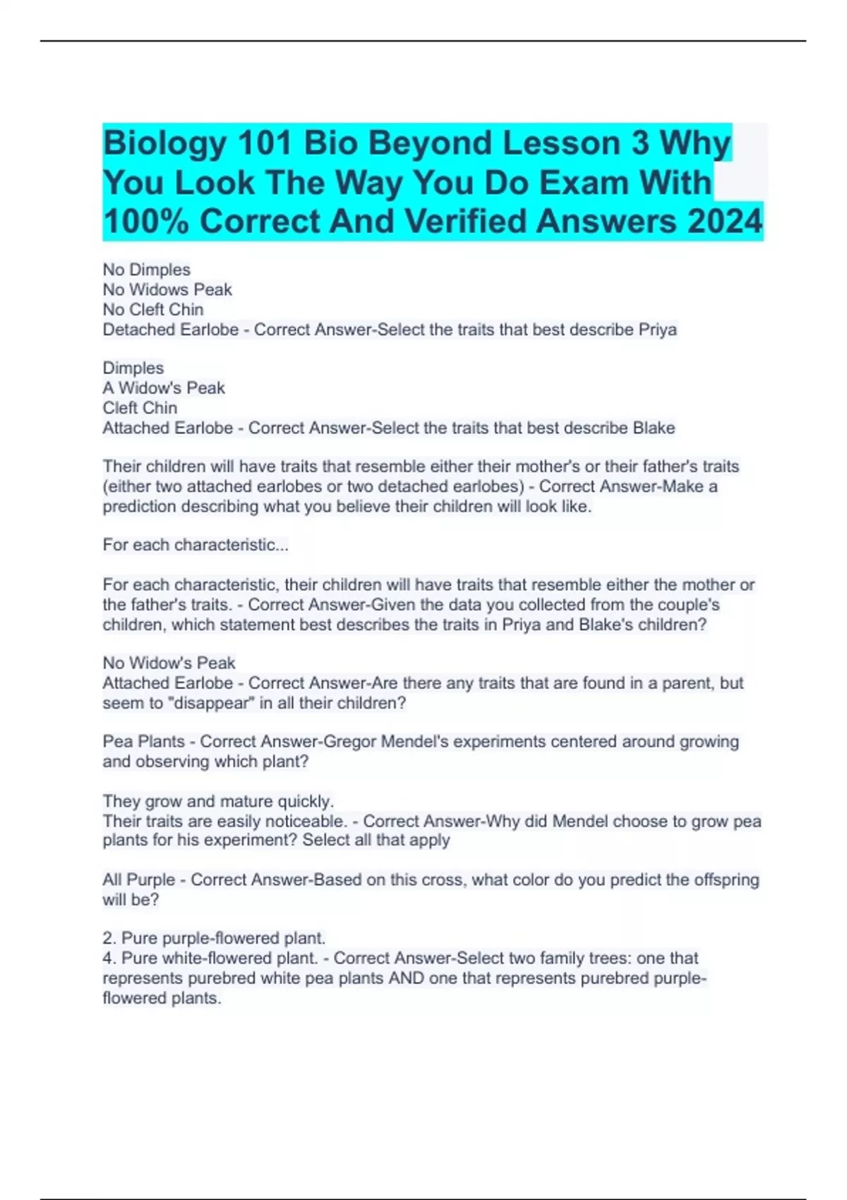 Biology 101 Bio Beyond Lesson 3 Why You Look The Way You Do Exam With 100% Correct And Verified ...