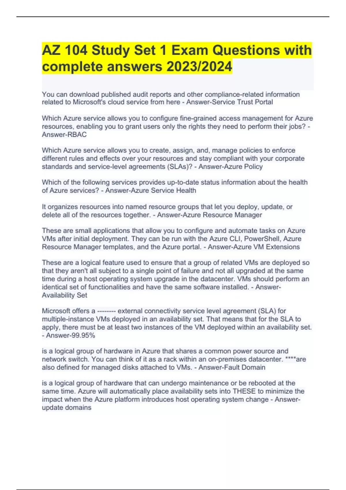 AZ 104 Study Set 1 Exam Questions with Complete Answers - Azure ...