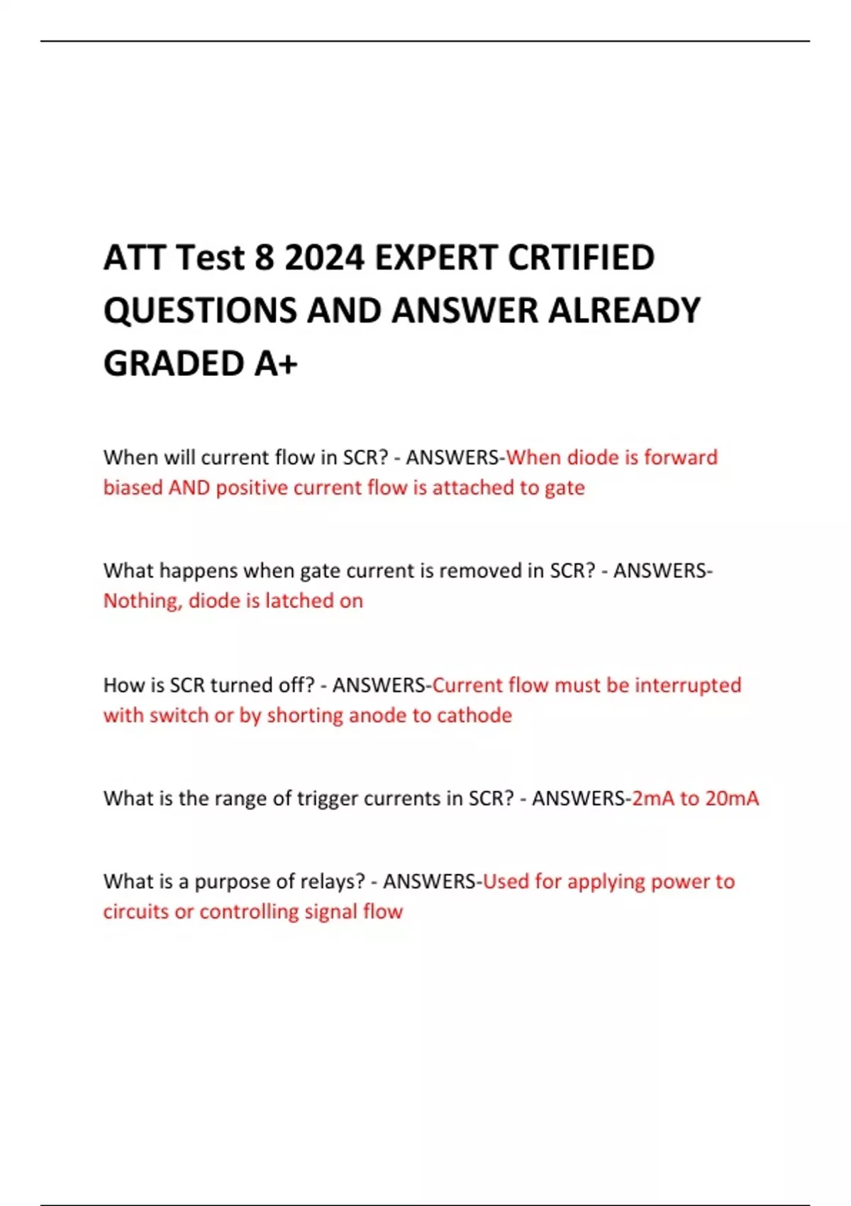 ATT Test 8 2024 EXPERT CRTIFIED QUESTIONS AND ANSWER ALREADY GRADED A+ ...