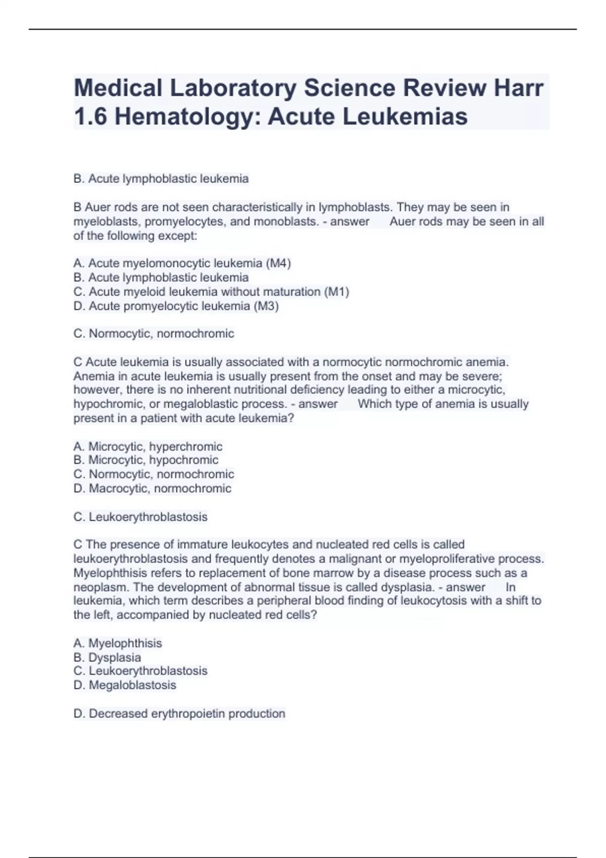 Medical Laboratory Science Review Harr 1 Questions and Answers 100% ...