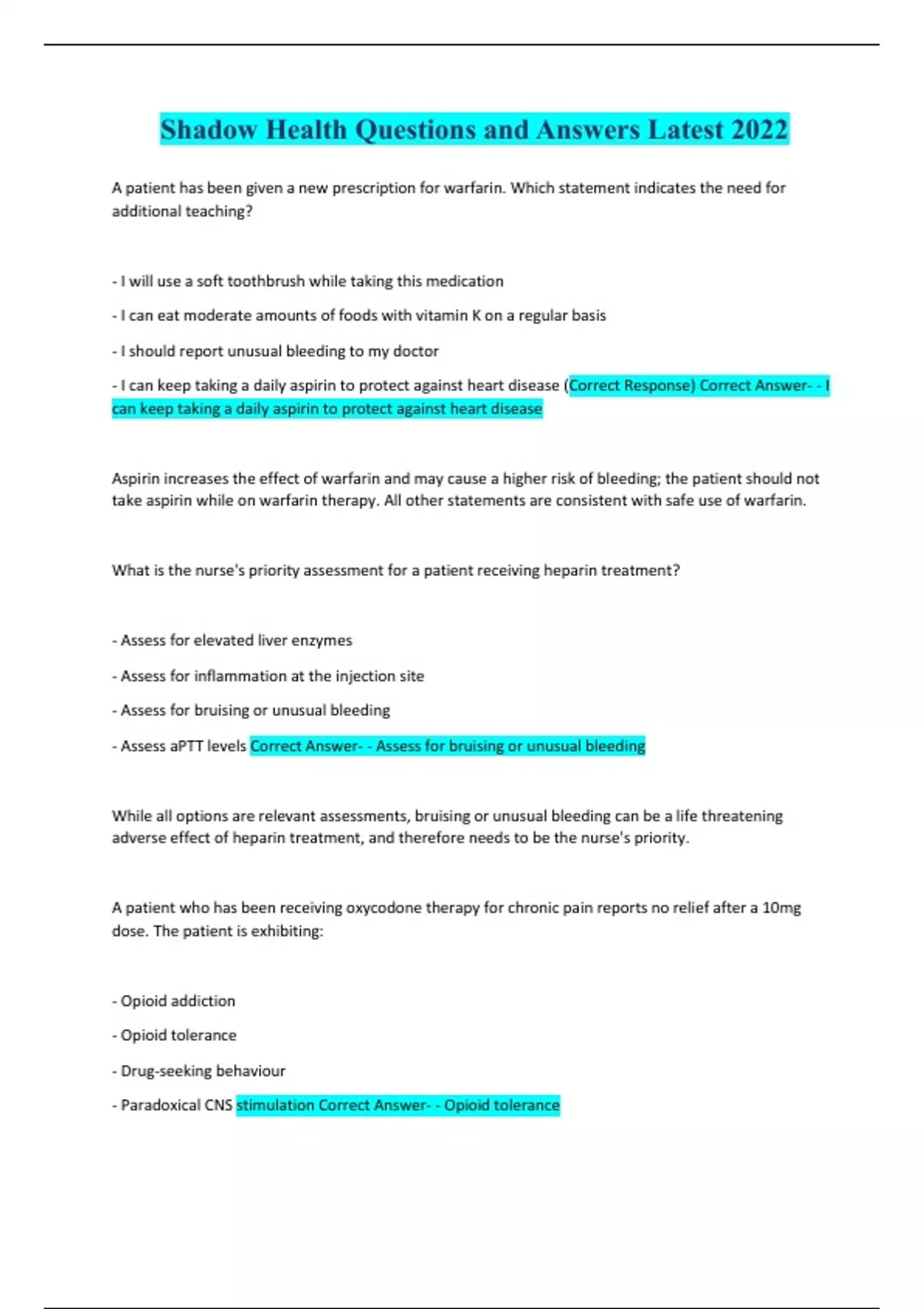 Shadow Health Questions and Answers Latest 2022 - Shadow Health - Stuvia US