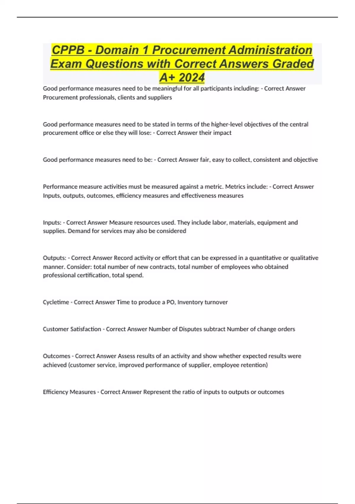 Cppb Domain 1 Procurement Administration Exam Questions With Correct Answers Graded A 2024