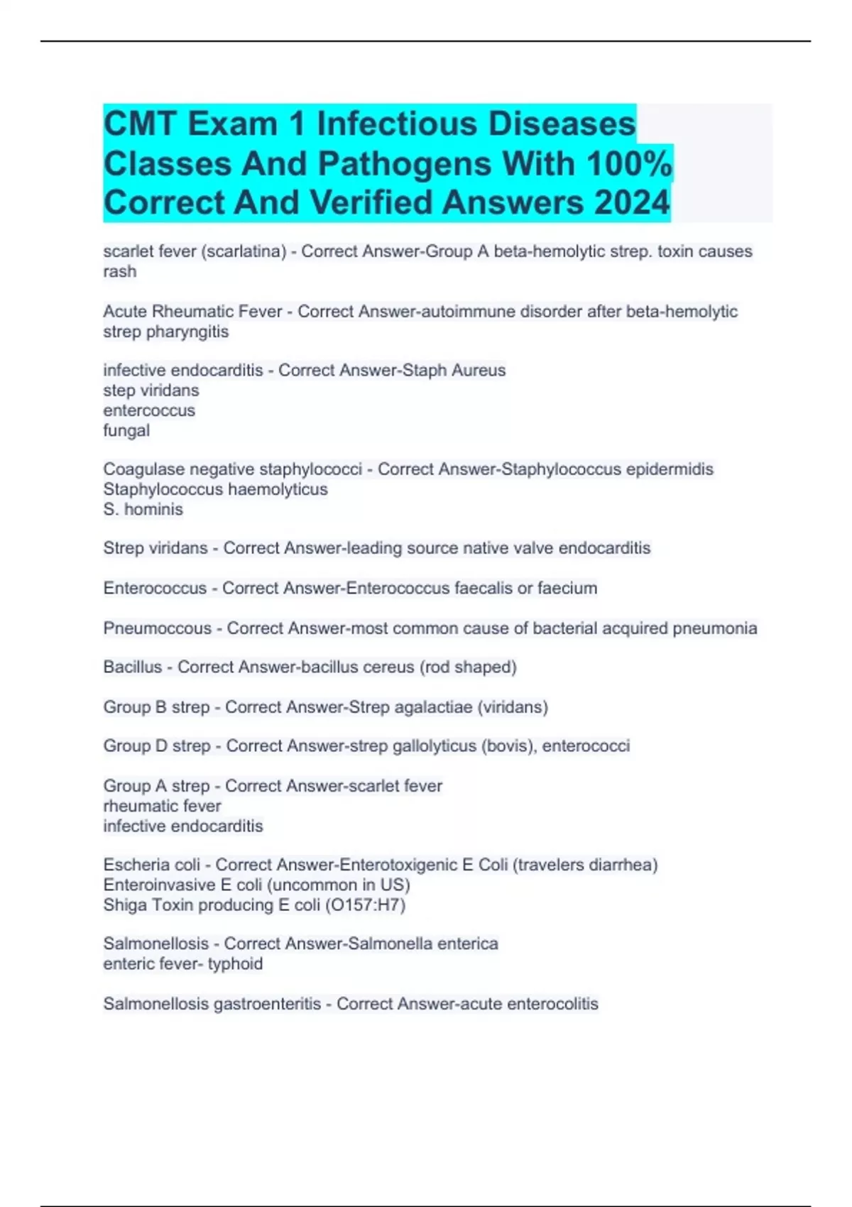 CMT Exam 1 Infectious Diseases Classes And Pathogens With 100% Correct ...