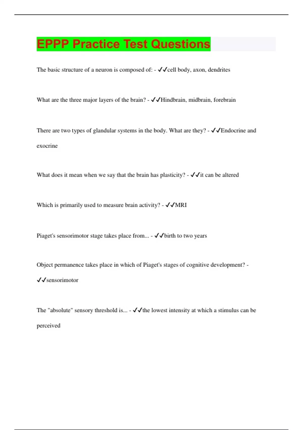 EPPP Practice Test Questions with 100% Correct Answers | Latest Update ...