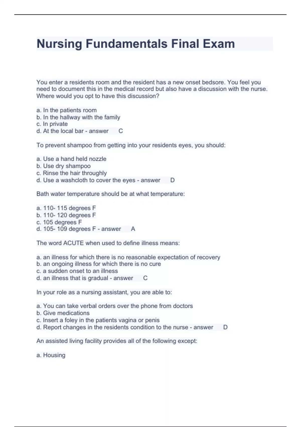 Nursing Fundamentals Final Exam Questions With Solutions 2024 Vn Fundamental Stuvia Us