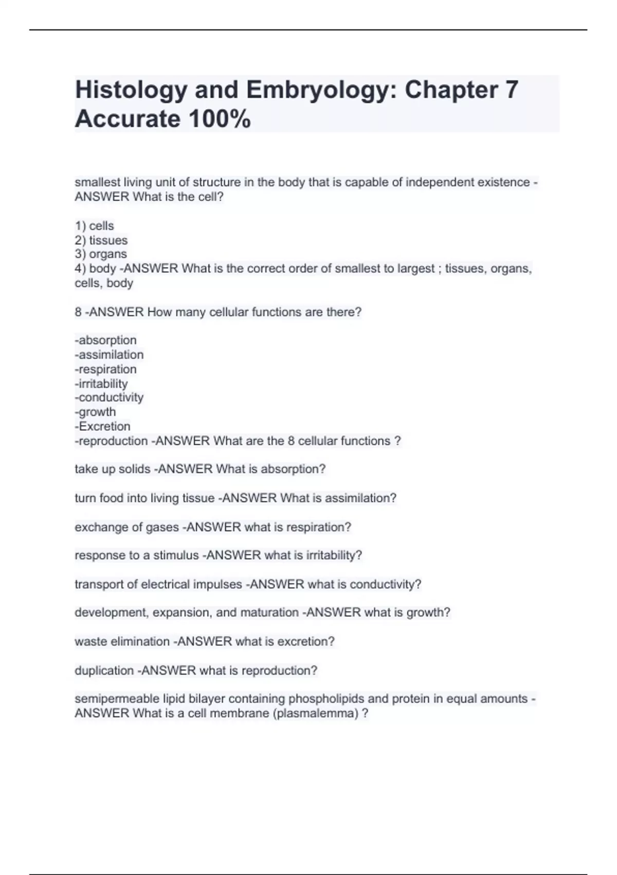 Histology and Embryology: Chapter 7 Accurate 100% - Histology and Embryology - Stuvia US
