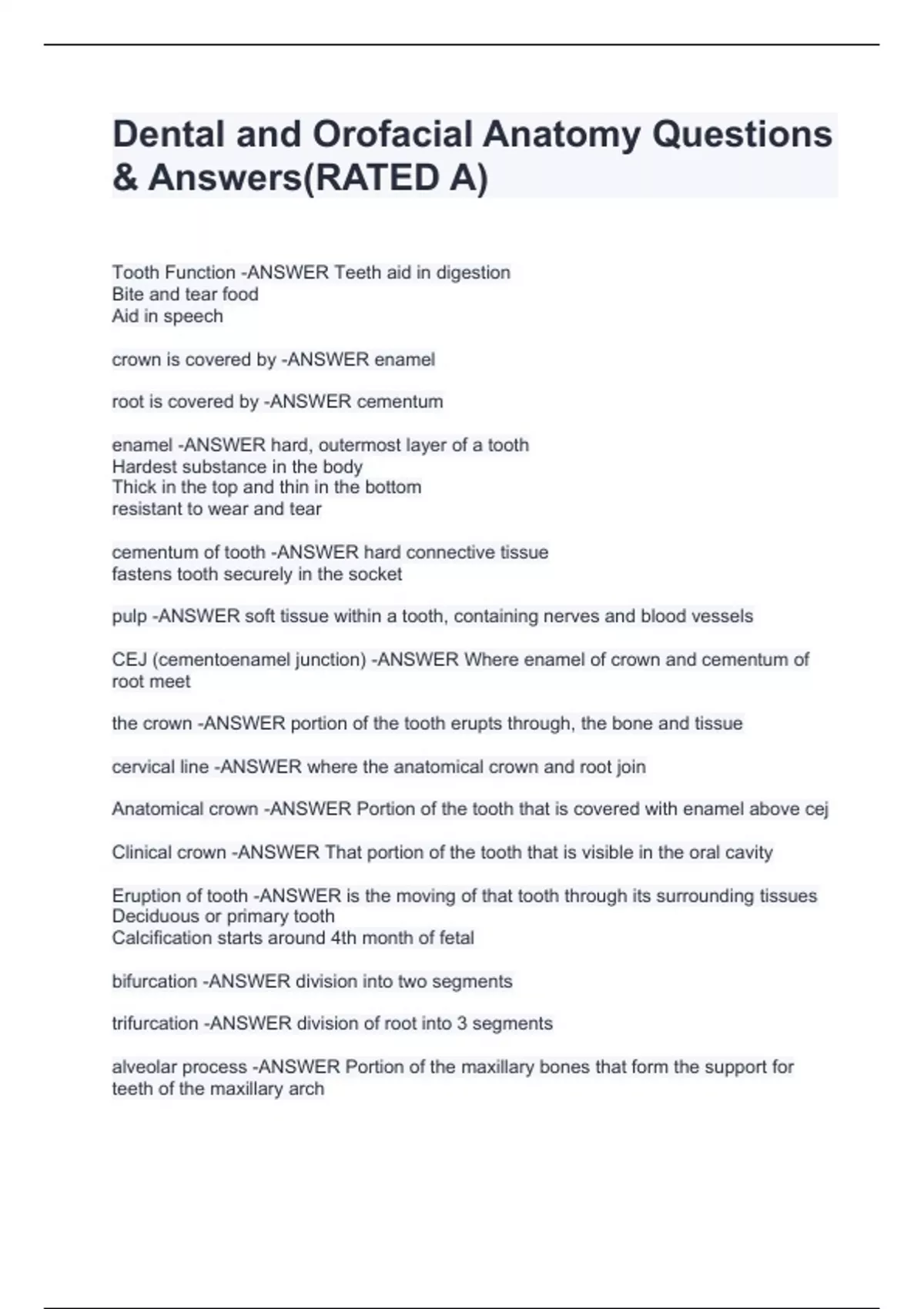 Dental and Orofacial Anatomy Questions & Answers(RATED A) - Dental and ...