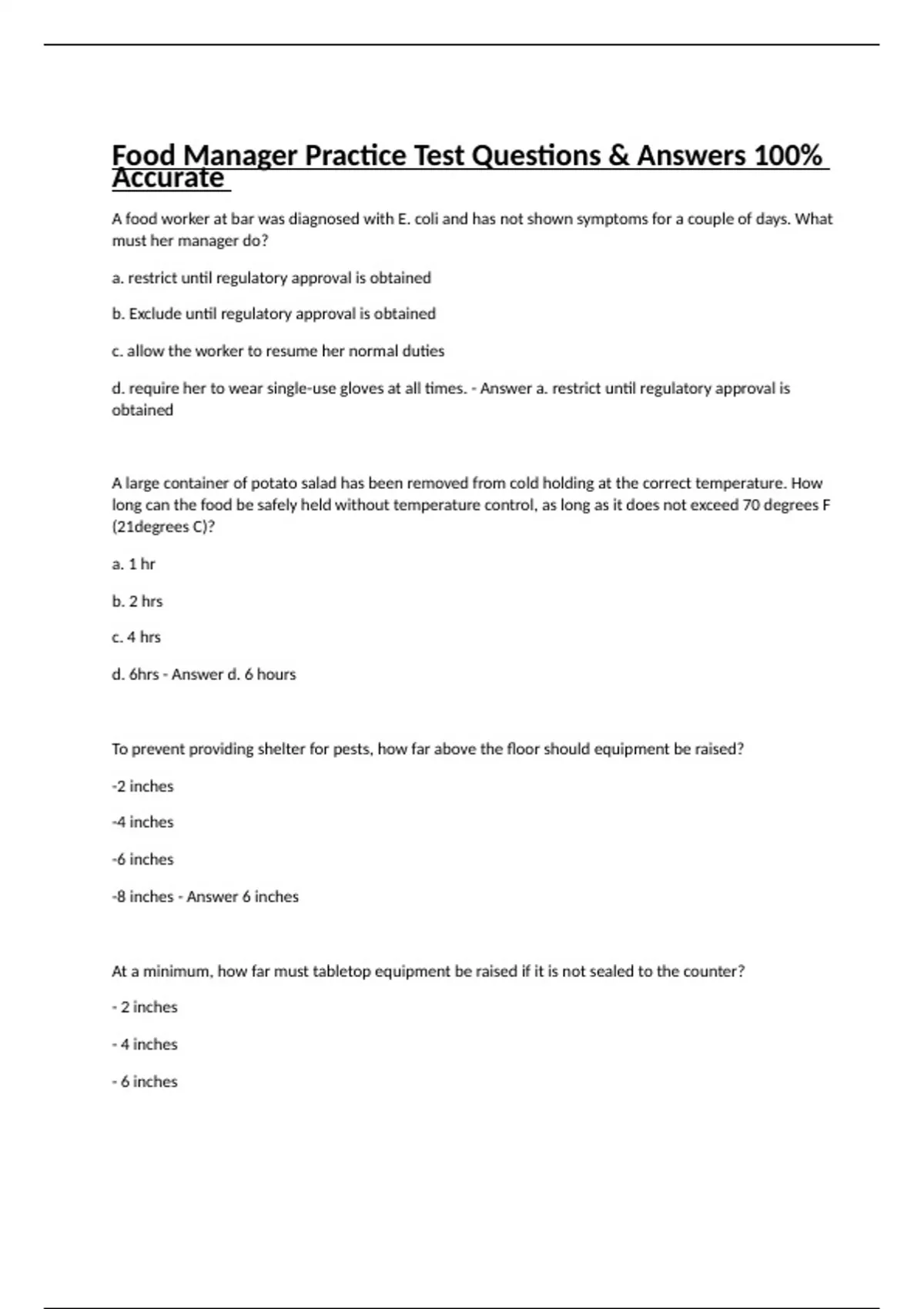 Food Manager Practice Test Questions & Answers 100% Accurate - Food ...