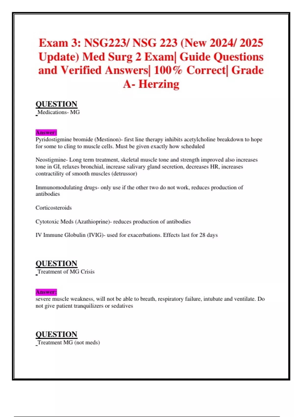 Exam 3: NSG223/ NSG 223 (New 2024/ 2025 Update) Med Surg 2 Exam| Guide Questions and Verified ...