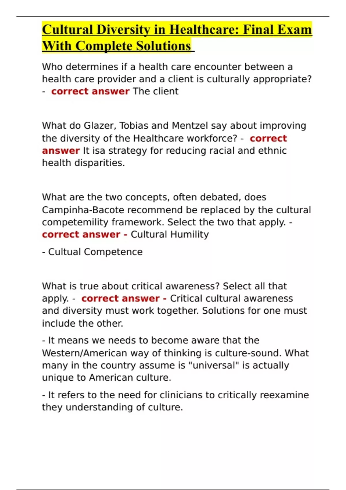 Cultural Diversity in Healthcare: Final Exam With Complete Solutions ...