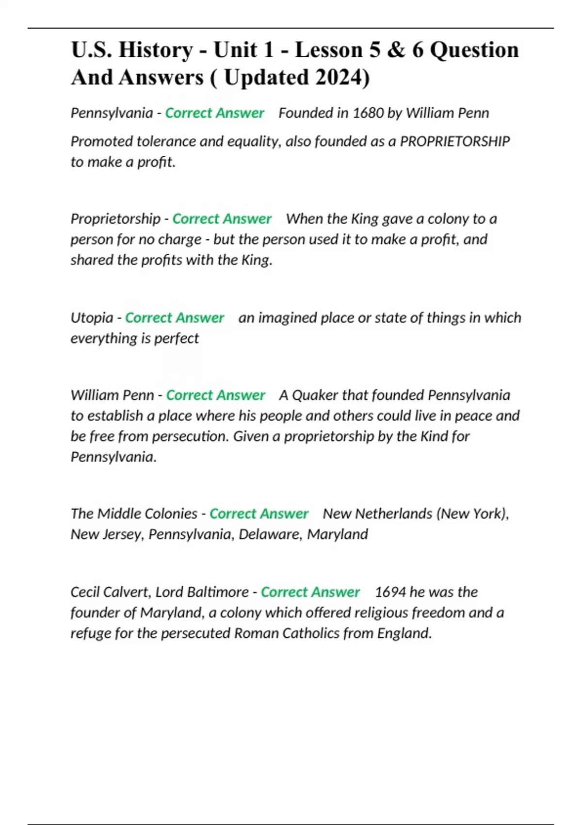 U.S. History - Unit 1 - Lesson 5 & 6 Question And Answers ( Updated ...