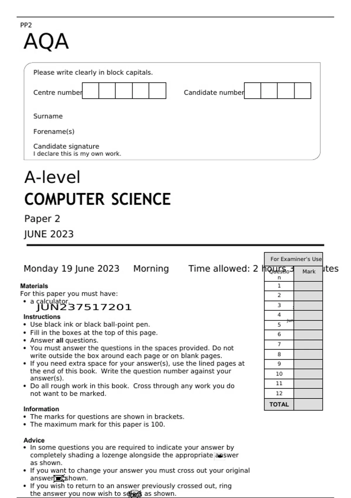 AQA A LEVEL COMPUTER SCIENCE PAPER 1 AND 2 JUNE 2023 FINAL QUESTIONS PAPERS AND MARKS SCHEME ...