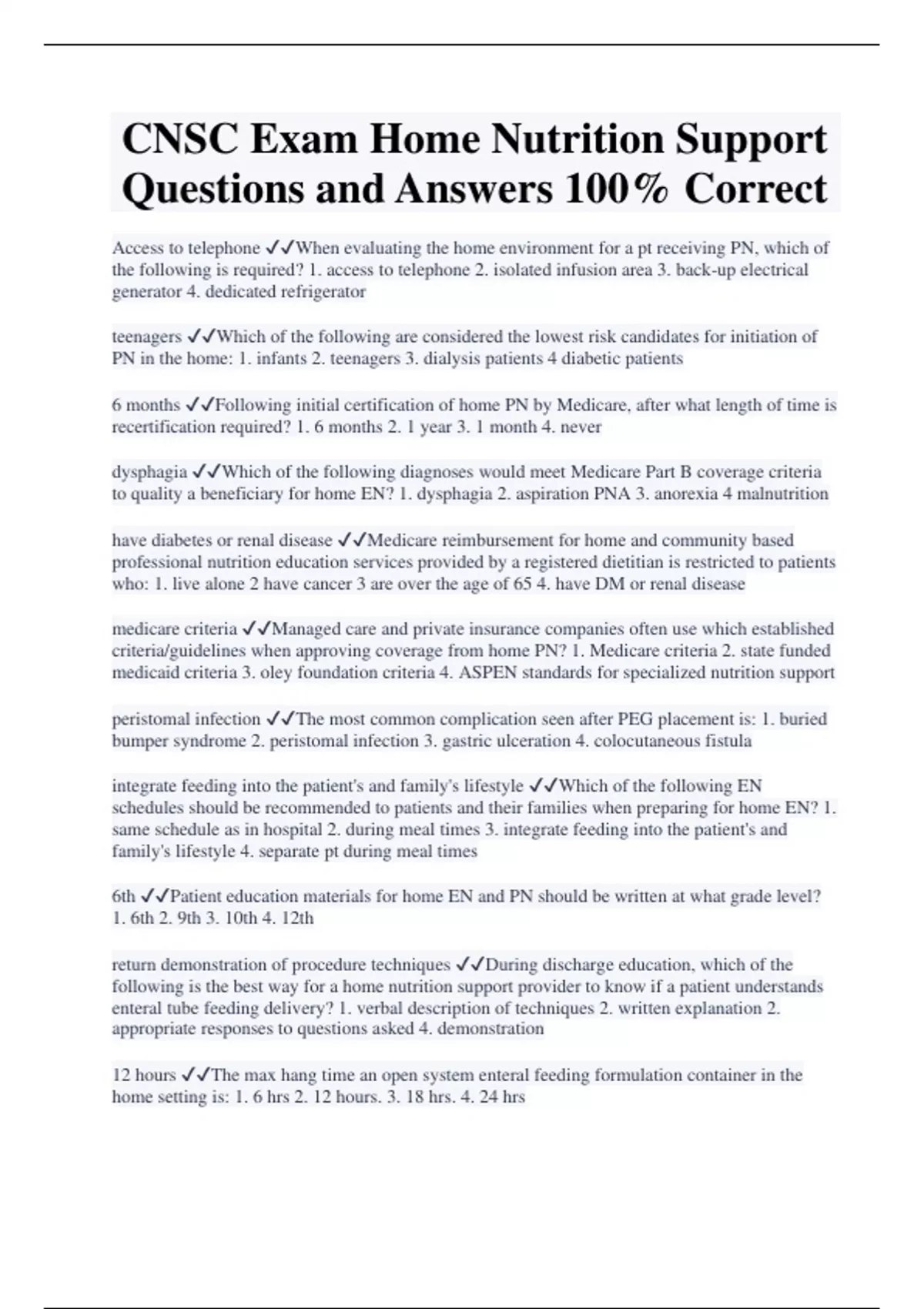 CNSC Exam Home Nutrition Support Questions and Answers 100% Correct ...