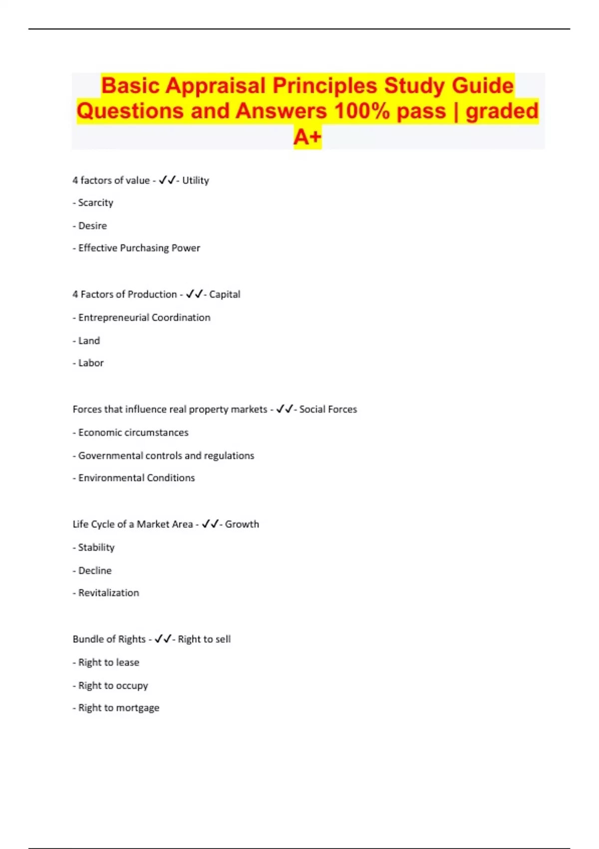 Basic Appraisal Principles Study Guide Questions and Answers 100% pass ...