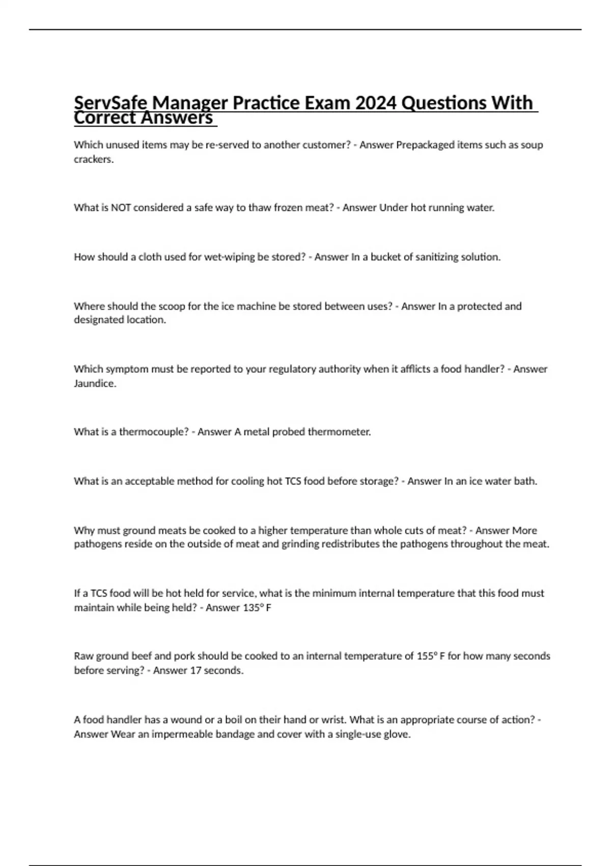 ServSafe Manager Practice Exam 2024 Questions With Correct Answers ...