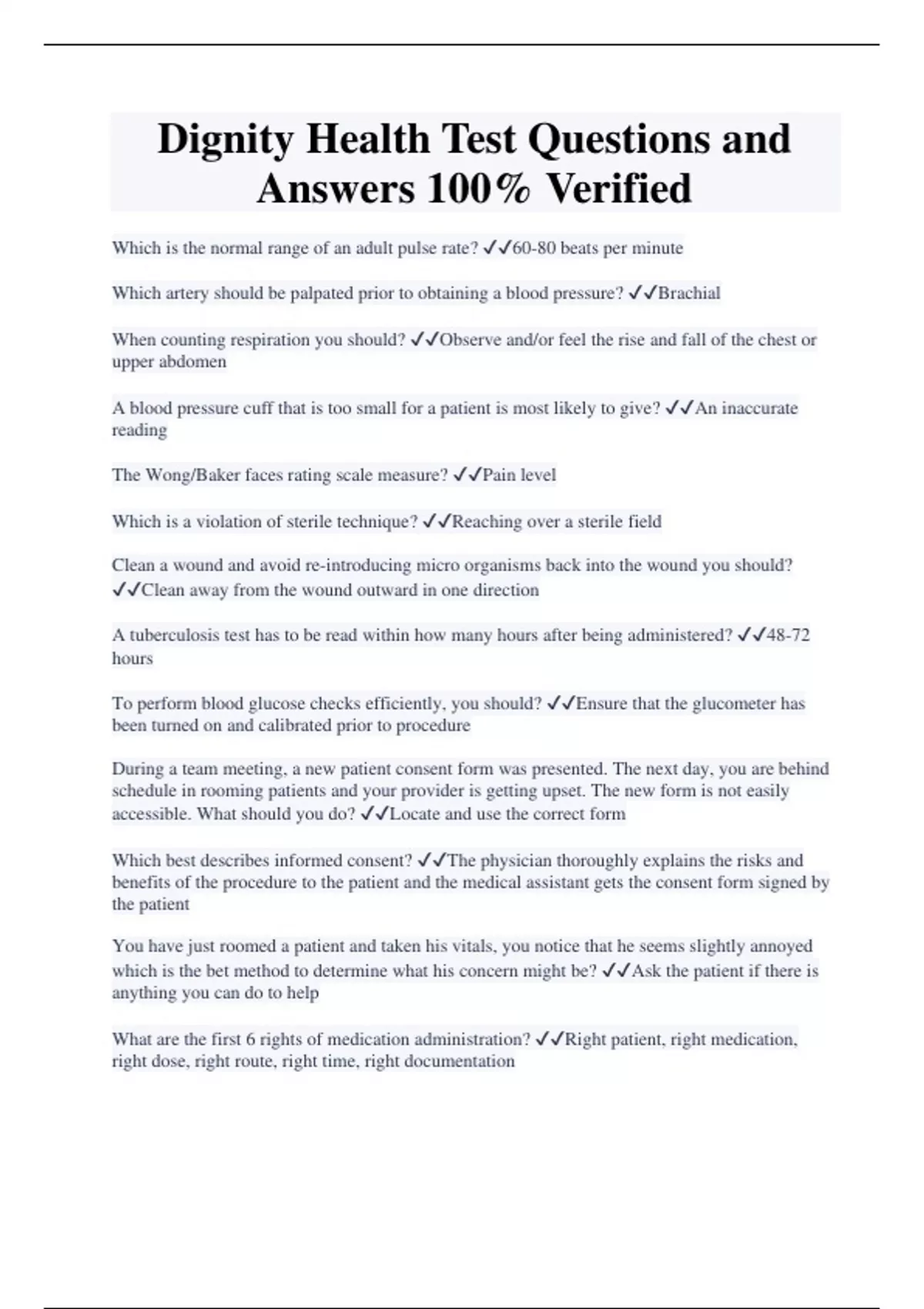 Dignity Health Test Questions and Answers 100% Verified - Dignity ...