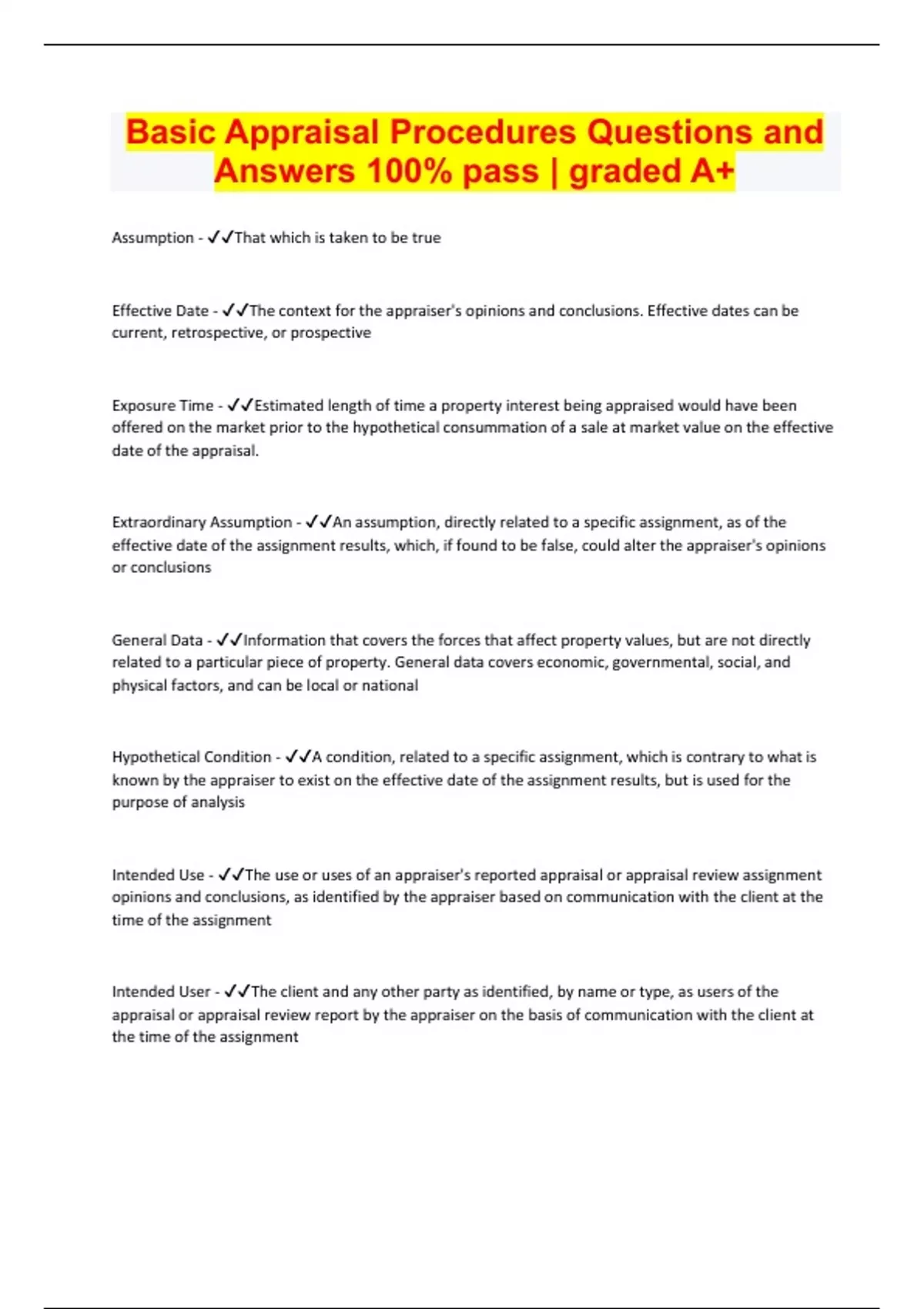 Basic Appraisal Procedures Questions and Answers 100% pass | graded A+ ...