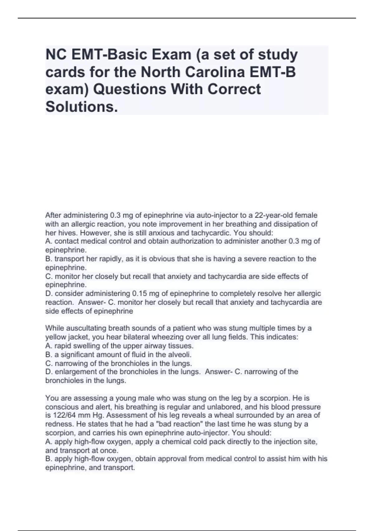 NC EMT-Basic Exam (a set of study cards for the North Carolina EMT-B ...