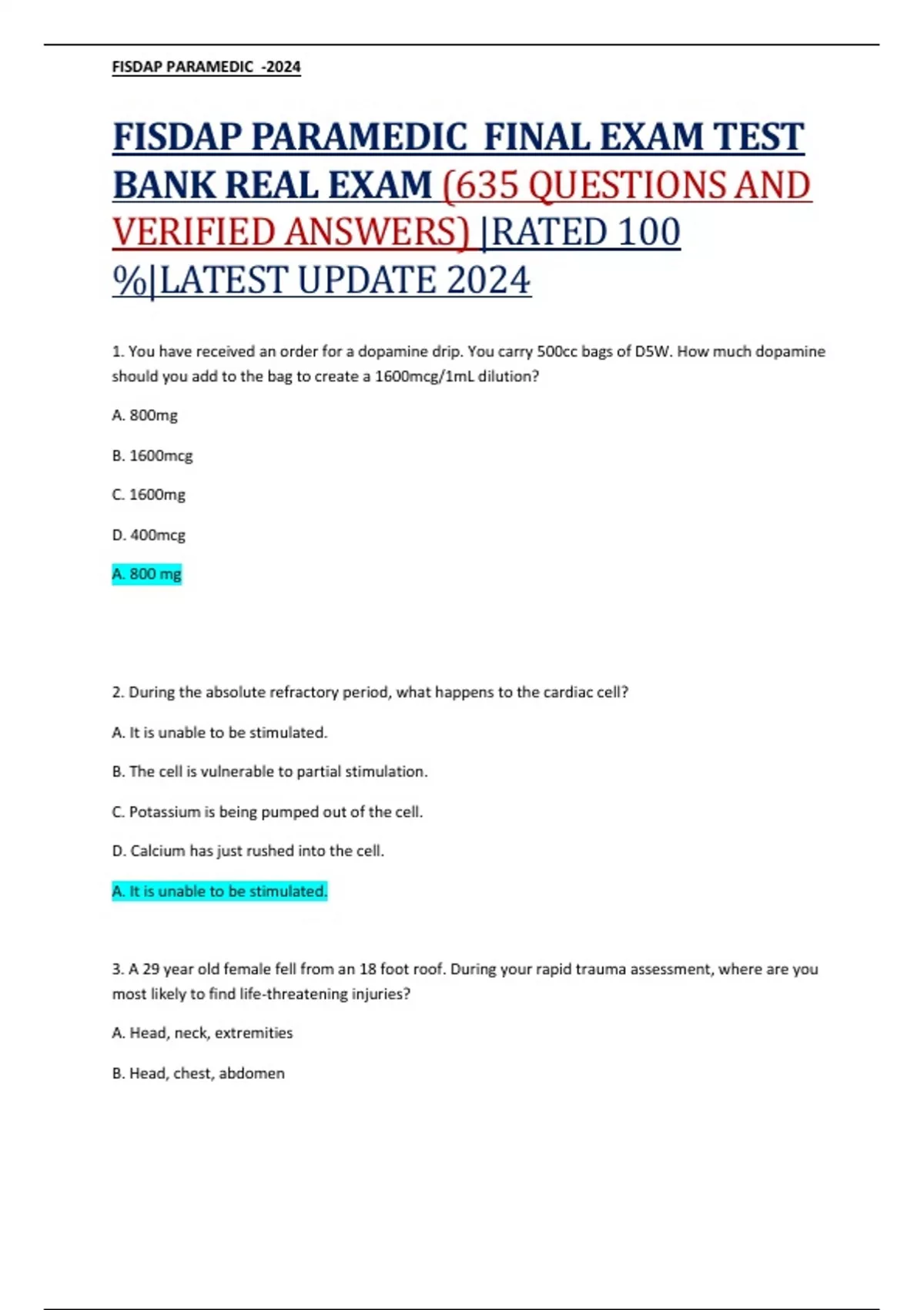 FISDAP PARAMEDIC FINAL EXAM TEST BANK REAL EXAM (635 QUESTIONS AND ...