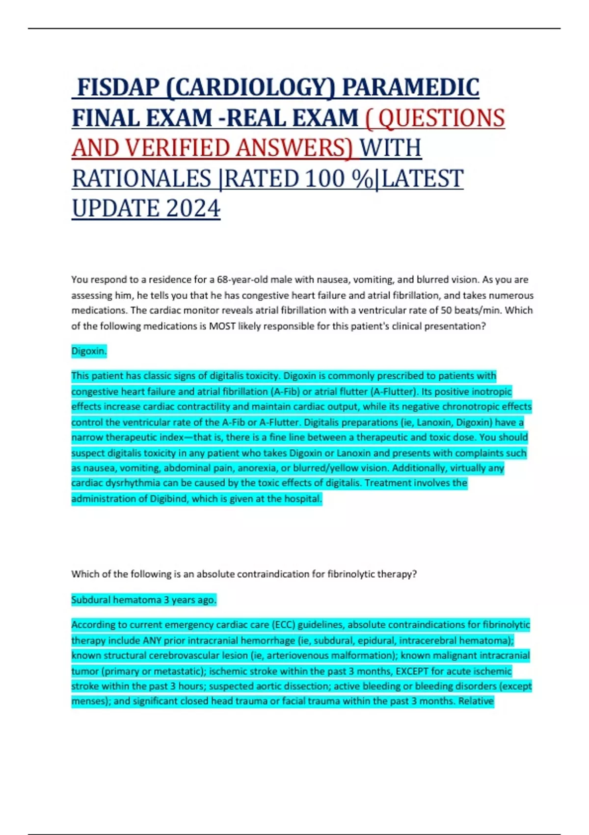 FISDAP (CARDIOLOGY) PARAMEDIC FINAL EXAM -REAL EXAM ( QUESTIONS AND VERIFIED ANSWERS) WITH ...