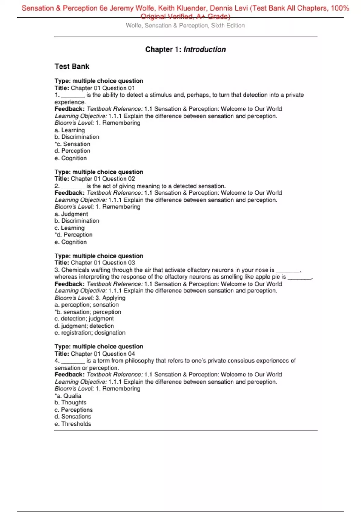 Test Bank for Sensation & Perception 6th Edition By Jeremy Wolfe, Keith ...