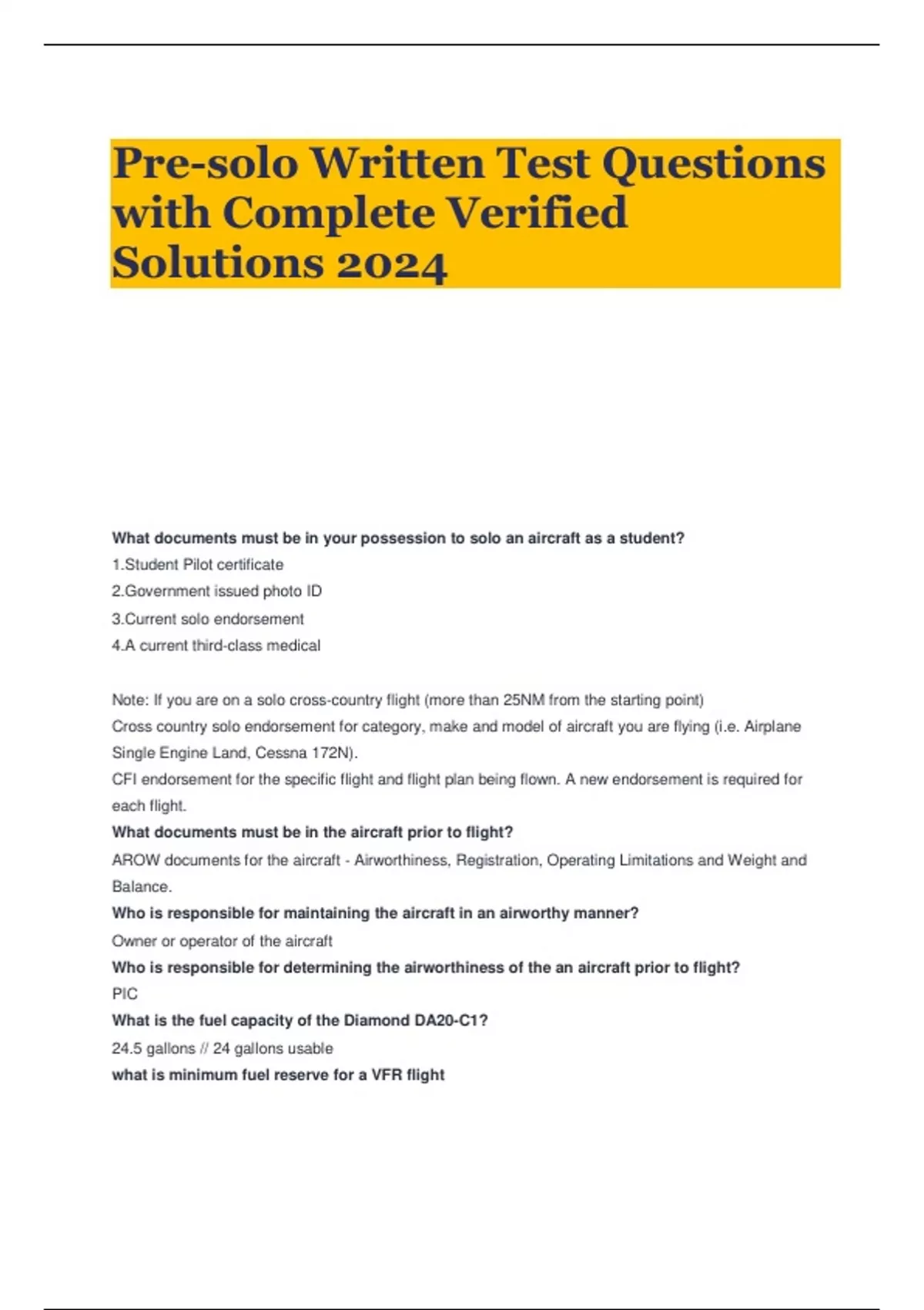 Pre-solo Written Test Questions with Complete Verified Solutions 2024 ...