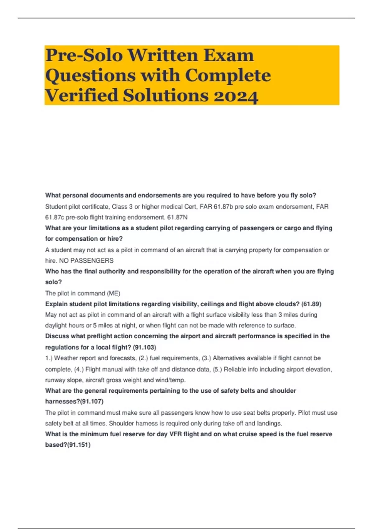 Pre-Solo Written Exam Questions with Complete Verified Solutions 2024 ...