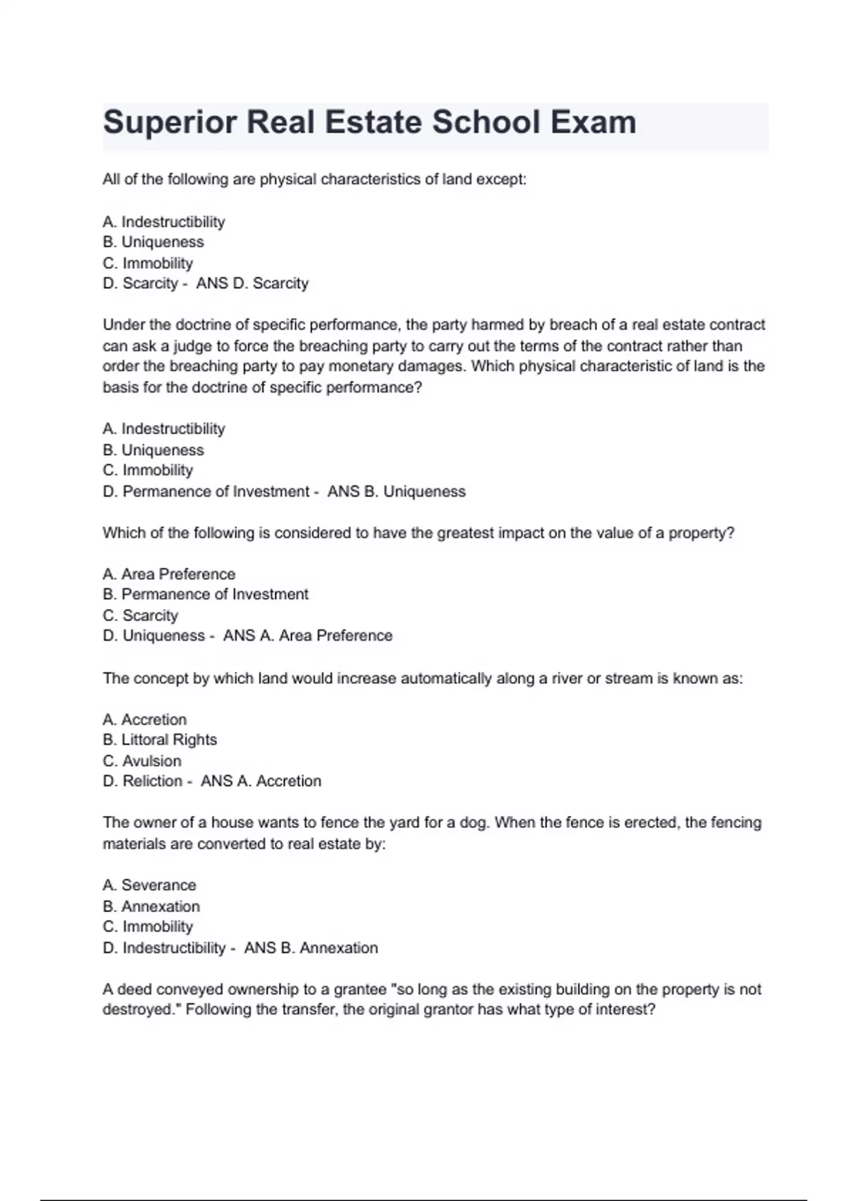 Superior Real Estate School Exam Questions with correct Answers 2024 ...