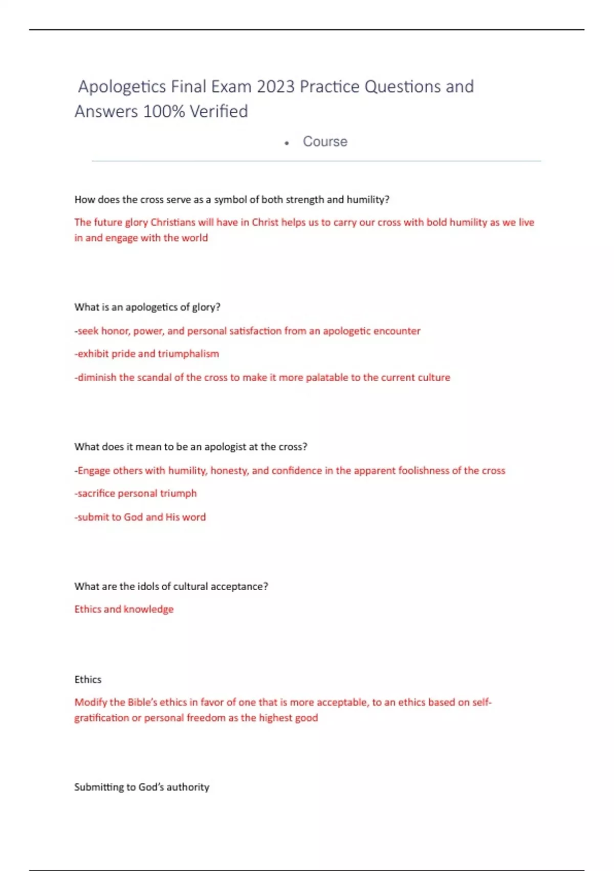 Apologetics Final Exam 2023 Practice Questions and Answers 100% ...