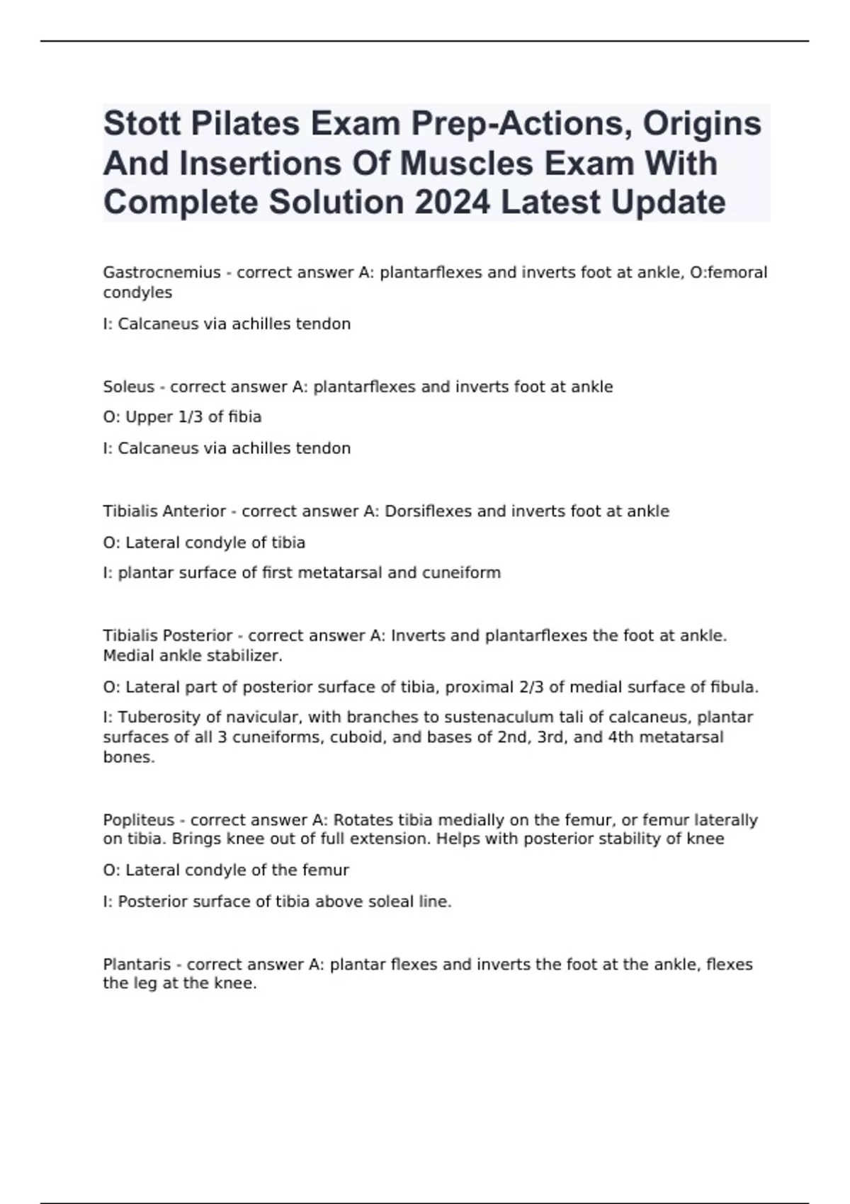 Stott Pilates Exam Prep-Actions, Origins And Insertions Of Muscles Exam ...