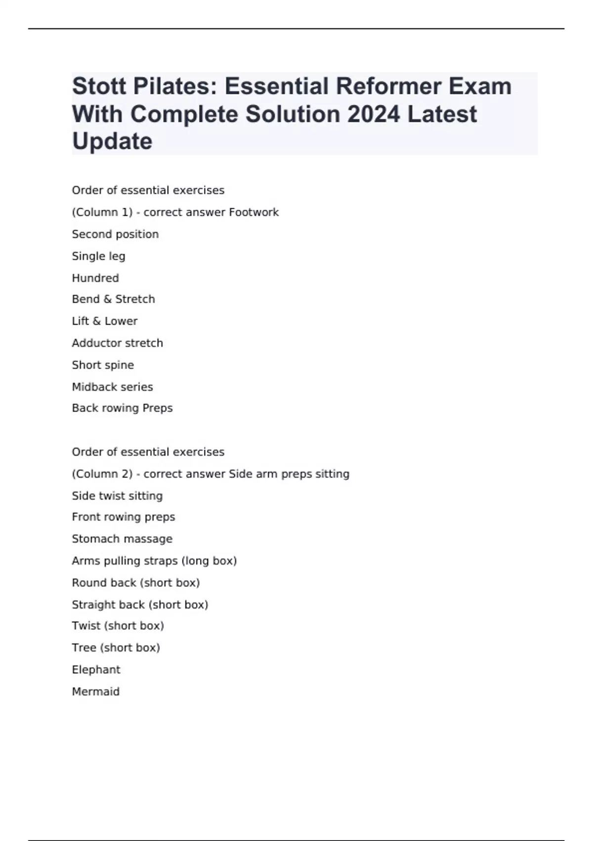 Stott Pilates: Essential Reformer Exam With Complete Solution 2024 ...