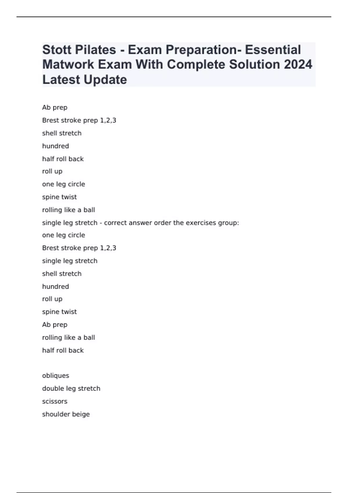 Stott Pilates - Exam Preparation- Essential Matwork Exam With Complete ...