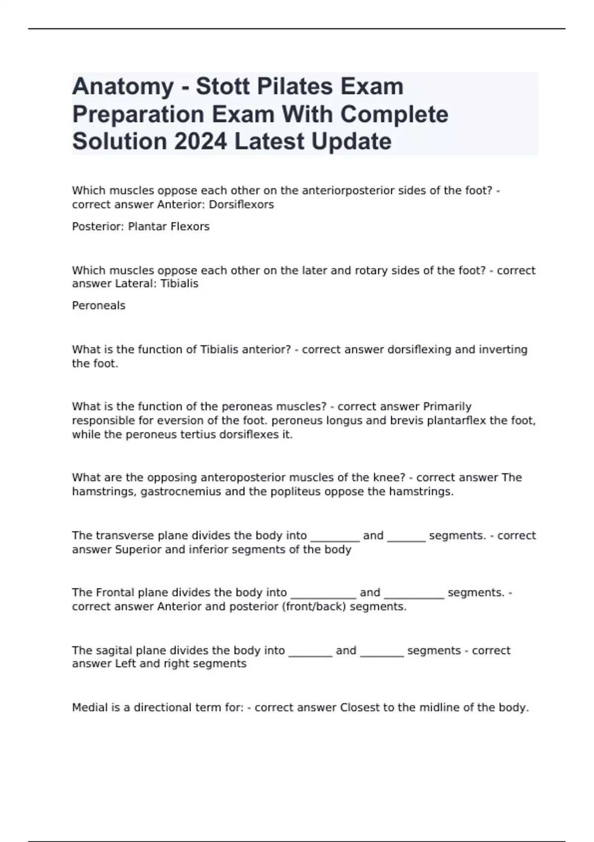 Anatomy - Stott Pilates Exam Preparation Exam With Complete Solution ...