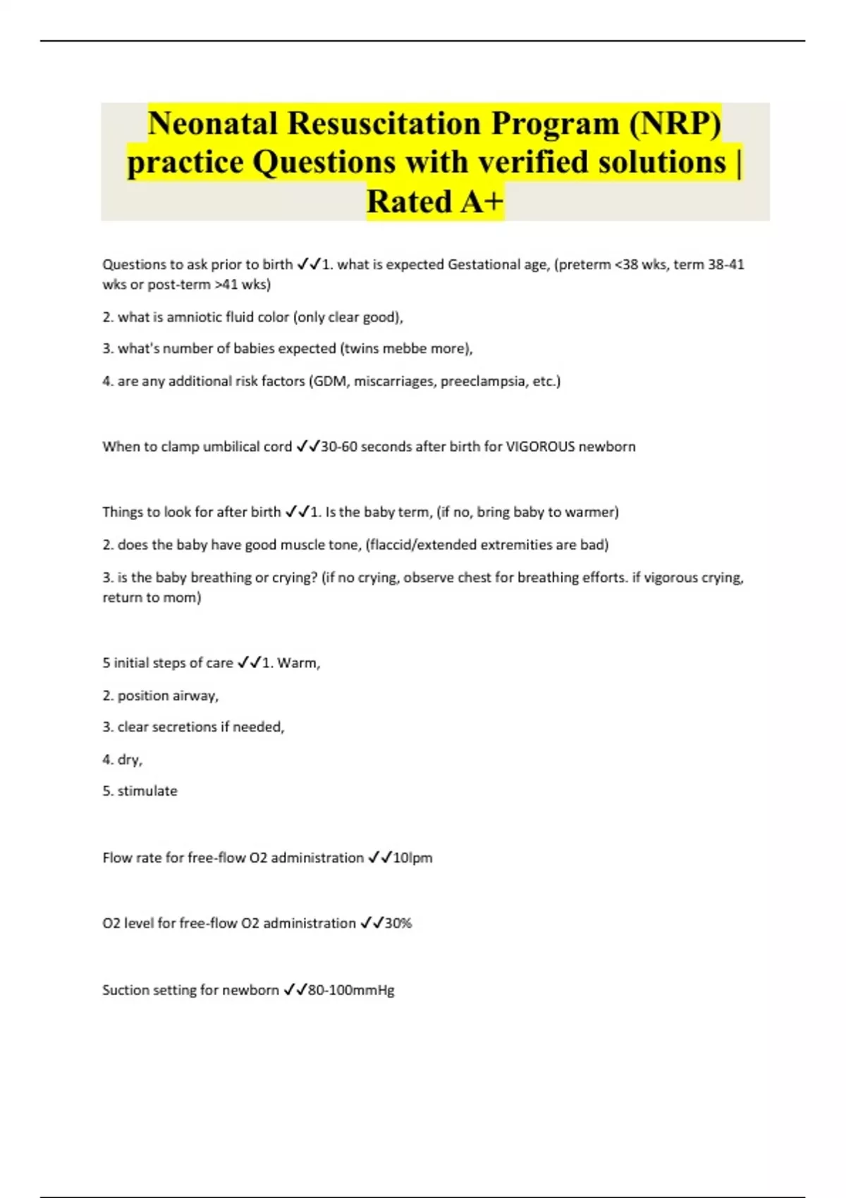 Neonatal Resuscitation Program (NRP) practice Questions with verified solutions | Rated A+ - NRP ...