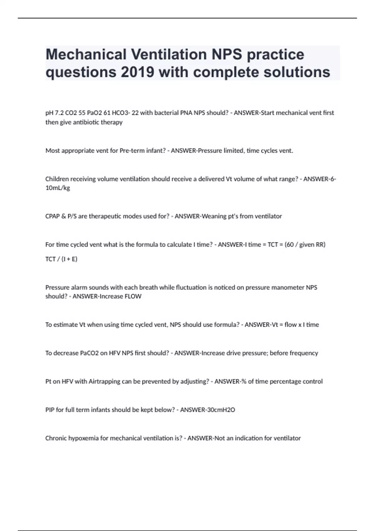 Mechanical Ventilation NPS practice questions 2019 with complete ...