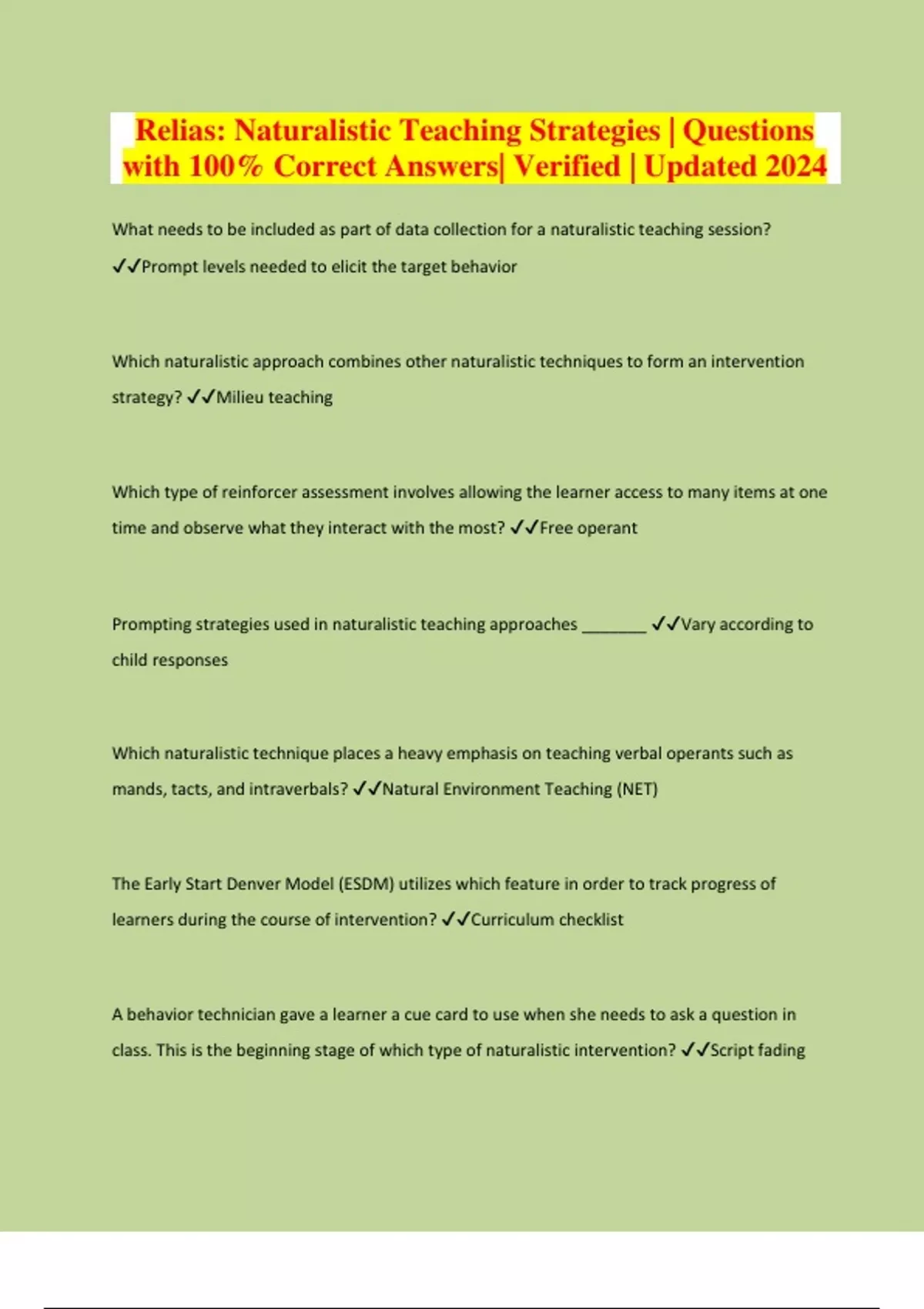 Relias: Naturalistic Teaching Strategies | Questions with 100% Correct ...