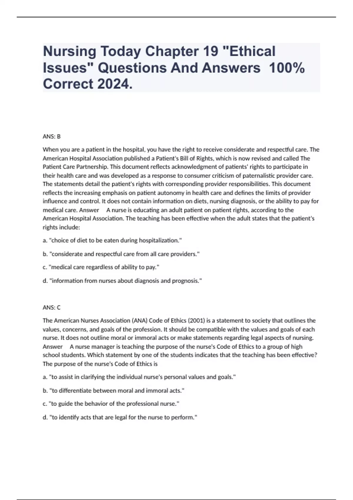 Nursing Today Chapter 19 "Ethical Issues" Questions And Answers 100% ...