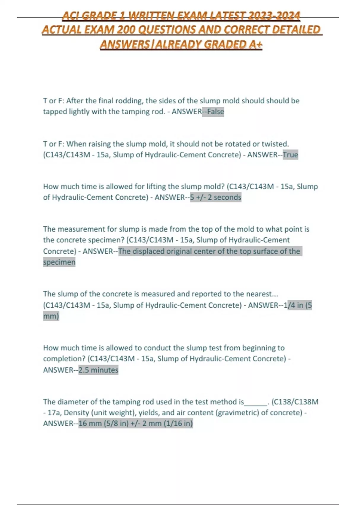 ACI GRADE 1 WRITTEN EXAM LATEST ACTUAL EXAM 200 QUESTIONS AND CORRECT ...