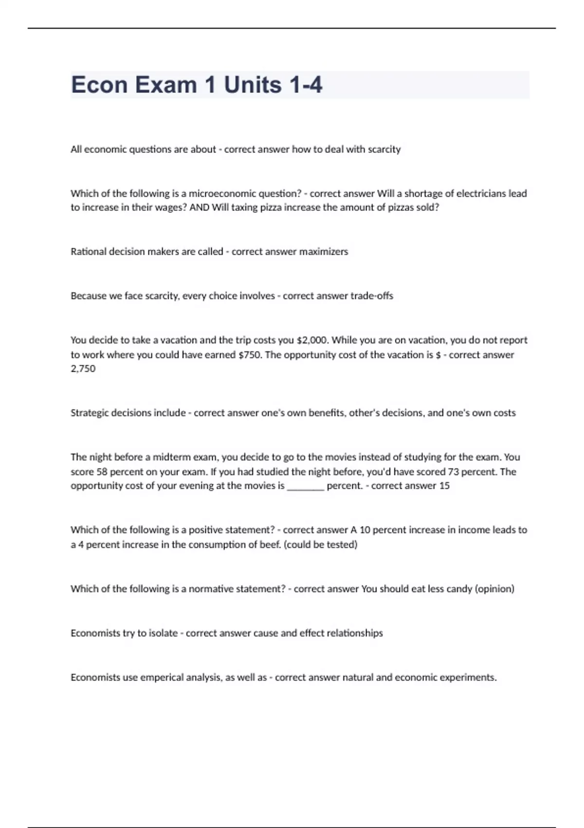 Econ Exam 1 Units 1-4 Question and answers 100% correct 2023/2024 - Uhc ...