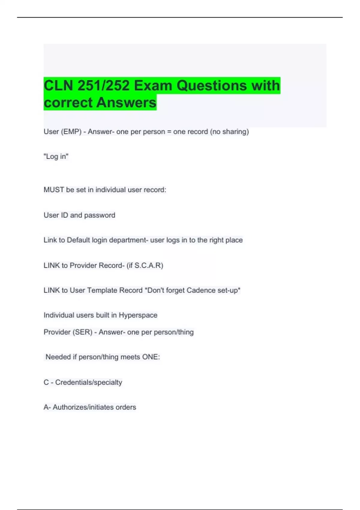 CLN 251-252 Exam Questions with correct Answers - Epic CLN251/252 ...