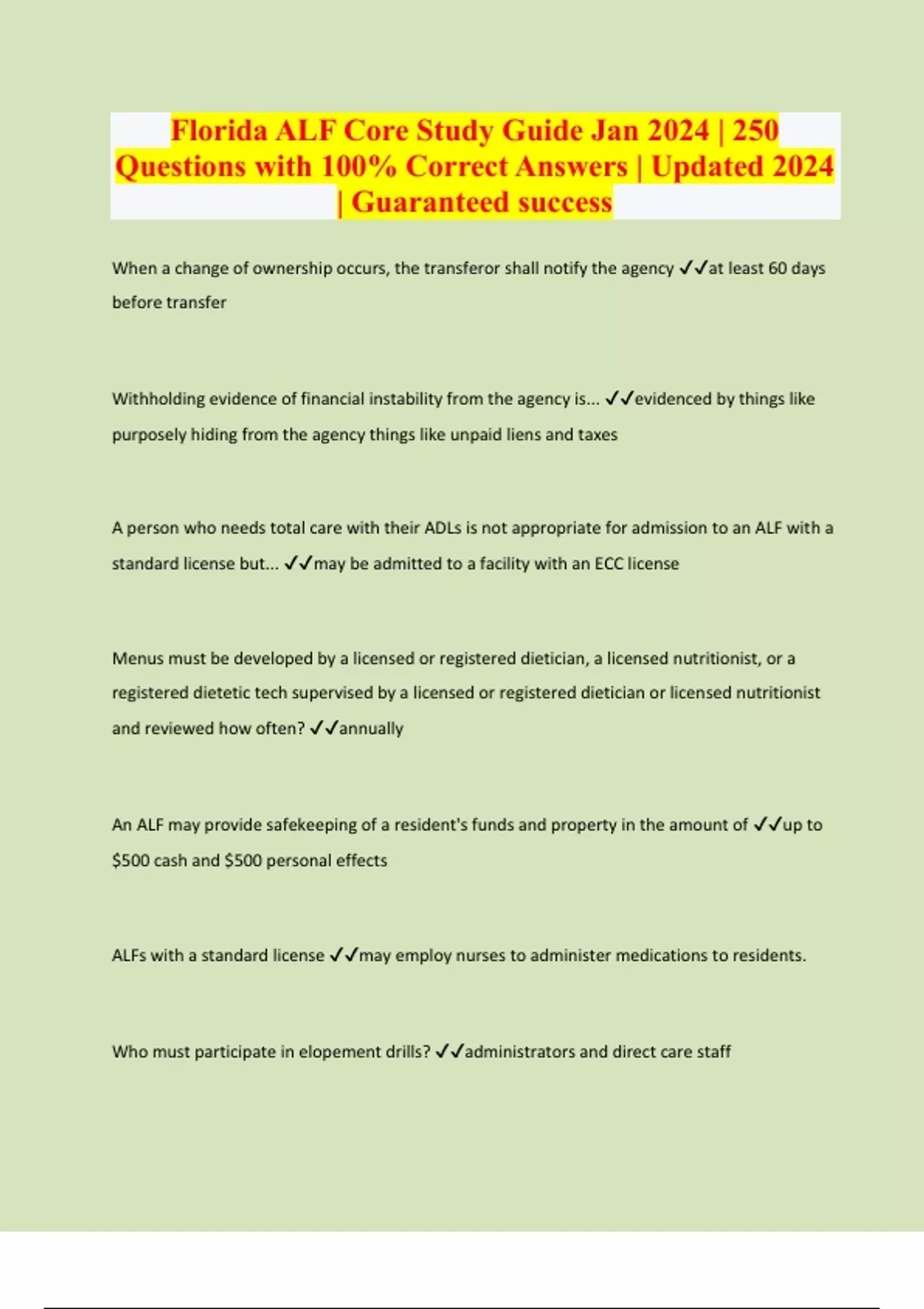 Florida ALF Core Study Guide Jan 2024 | 250 Questions with 100% Correct ...