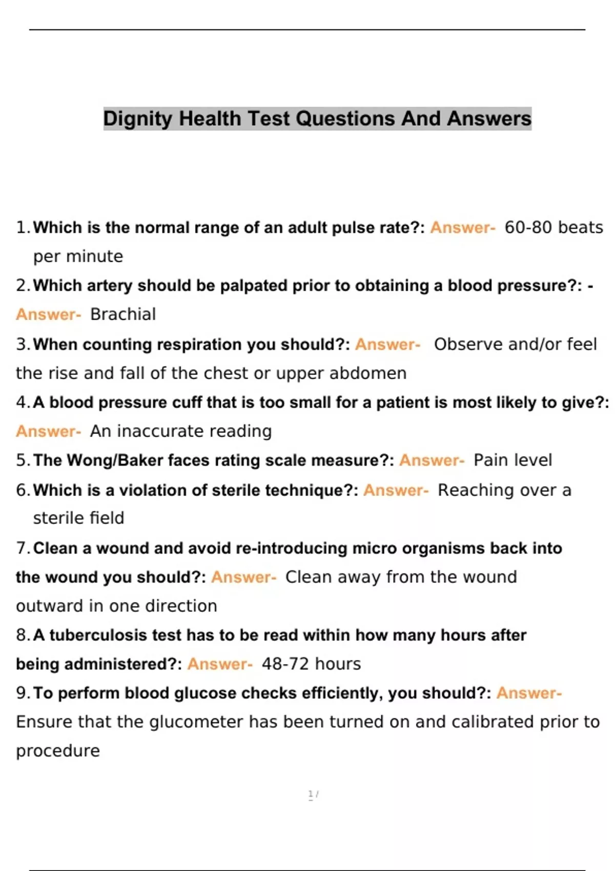 Dignity Health Test Questions and Answers 2024 with complete solution ...