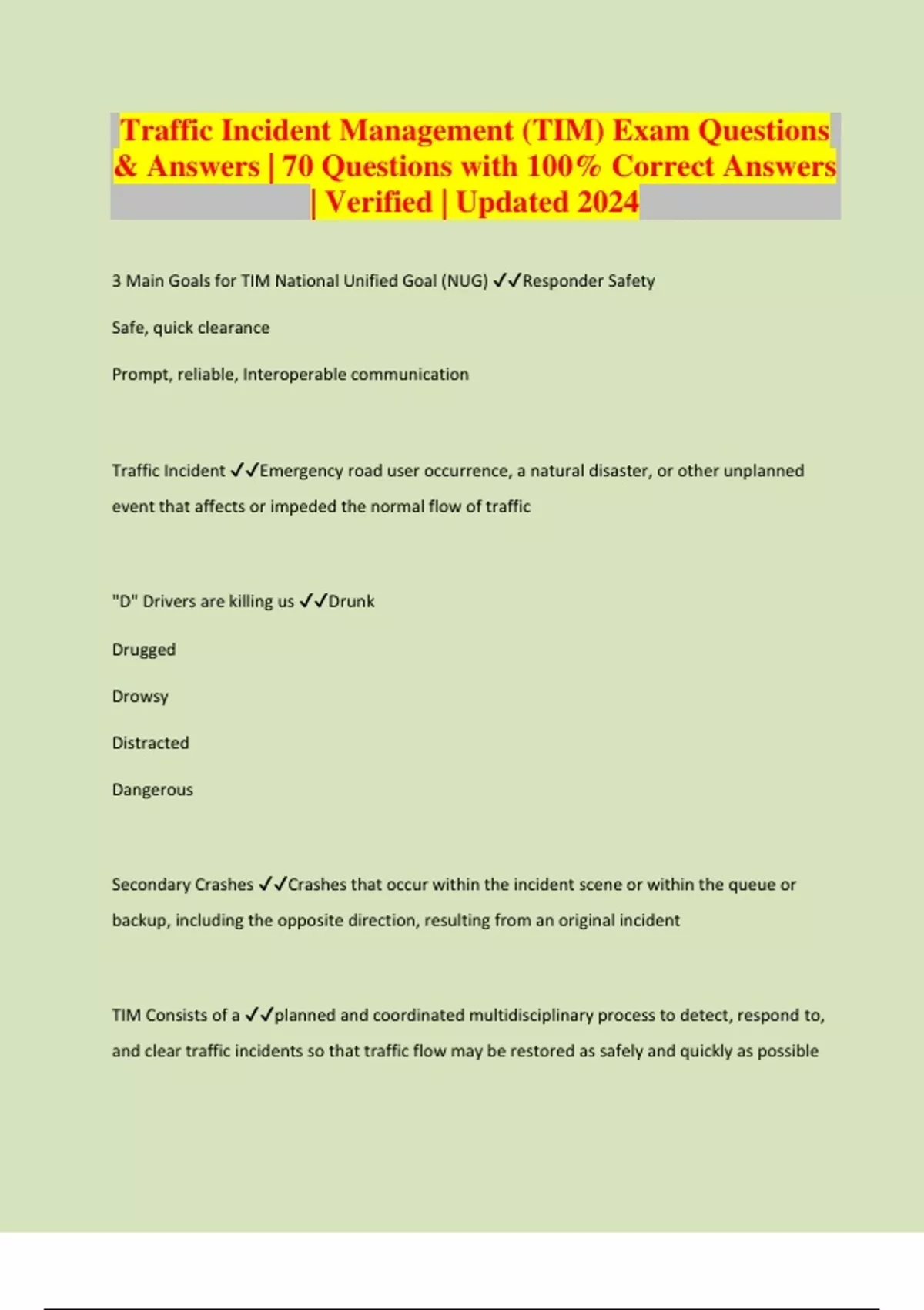 Traffic Incident Management (TIM) Exam Questions & Answers | 70 ...