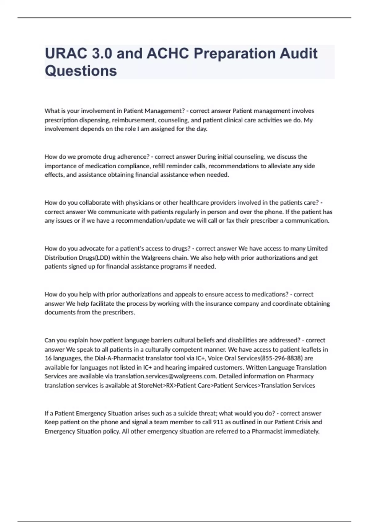 URAC 3.0 and ACHC Preparation Audit Questions and answers 100% correct ...